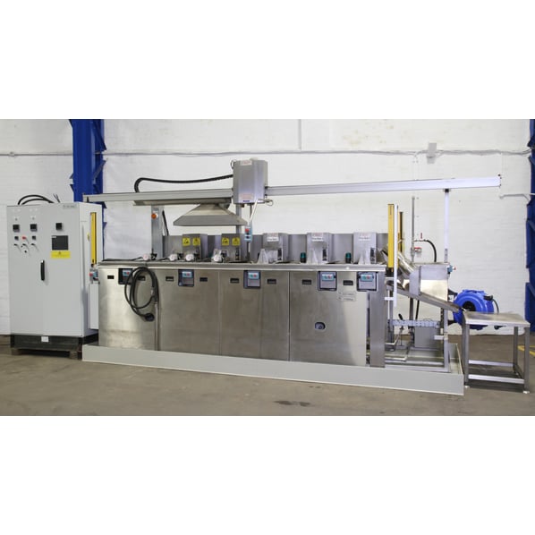 Amsonic PLC Controlled, 5 Stage Semi-Auto Aqueous Cleaning Line