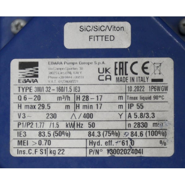 Ebara 3M/I 32-160/1.5 Centrifugal Electric Pump in Stainless Steel