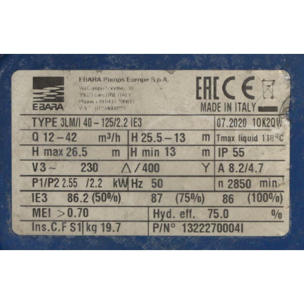 Ebara 3LM/I 40-125/2.2 Centrifugal Electric Pump in Stainless Steel