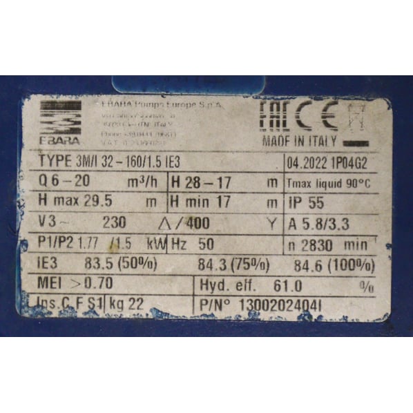 Ebara 3M/I 32-160/1.5 Centrifugal Electric Pump in Stainless Steel