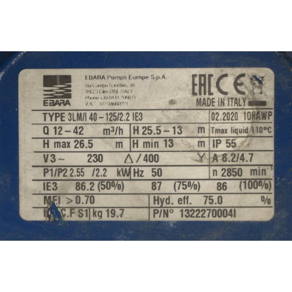 Ebara 3LM/I 40-125/2.2 Centrifugal Electric Pump in Stainless Steel